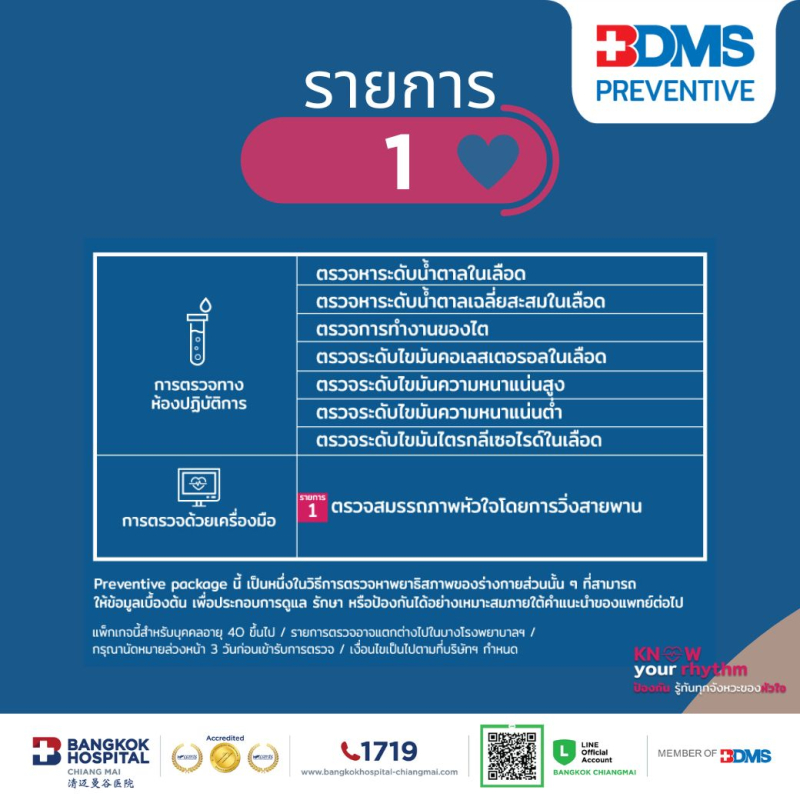[กรุงเทพเชียงใหม่] แพ็กเกจป้องกัน รู้ทันทุกจังหวะของหัวใจ BDMS Preventive Heart Package [รายการ 1]